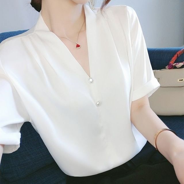 Jeonseon - Short Sleeve V-Neck Plain Faux Pearl Button Blouse | YesStyle