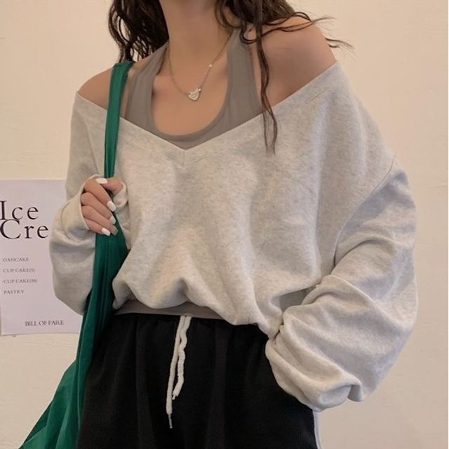 Secolo - Halter Neck Mock Two-Piece Cropped Sweatshirt | YesStyle