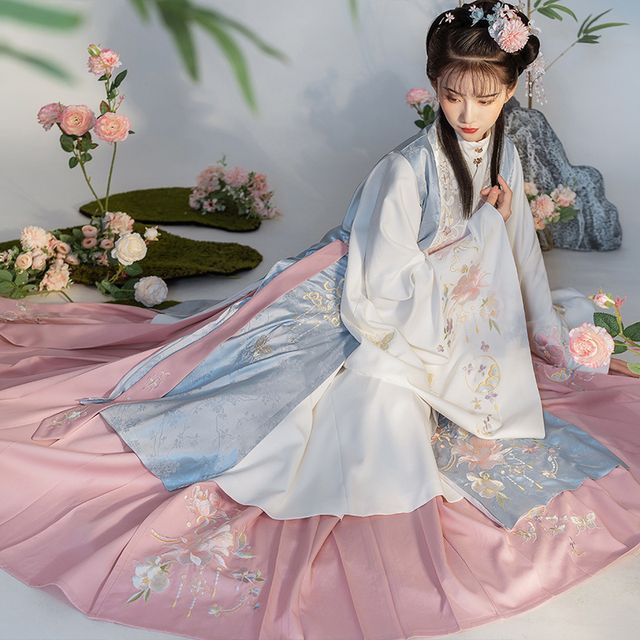 Zestolish - Flower Hanfu Top / Open Front Long Vest / Maxi Hanfu Skirt ...