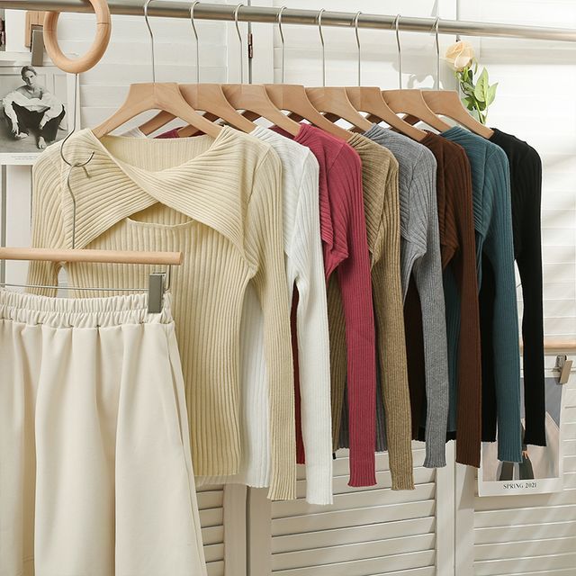 Lemongrass - Neck-Details Skinny Knit Top in 8 Colors | YesStyle