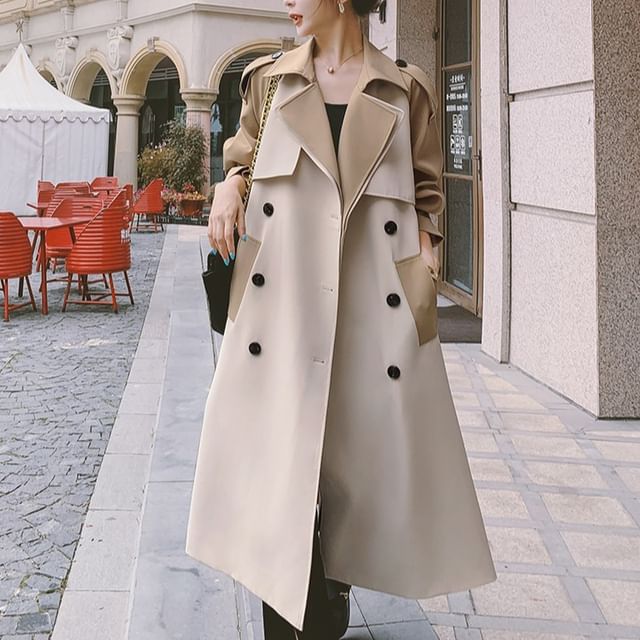 Ariadne - Two Tone Tie Waist Midi Double-Breasted Trench Coat | YesStyle