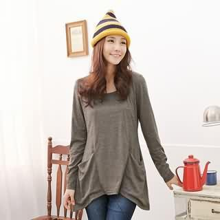 RingBear - Long-Sleeve Asymmetric-Hem Long Top | YesStyle