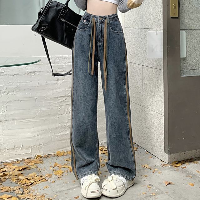 Dute - Drawstring Waist Washed Wide Leg Fleece-Lined Jeans | YesStyle