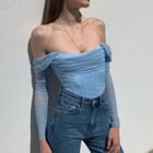 JVL - Long-Sleeve Off-Shoulder Plain Mesh Panel Crop Corset Top | YesStyle