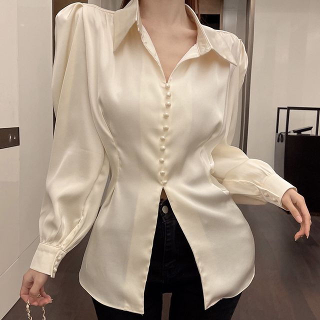 Caitbia - Puff-Sleeve Plain Front-Slit Shirt | YesStyle