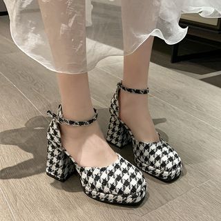 Inocha - Ankle Strap Houndstooth Platform Block Heel Pumps | YesStyle