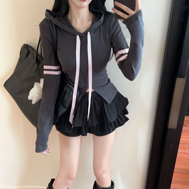 Whoosh - Striped Slit Slim Fit Crop Hoodie / High Waist Plain Pleated ...