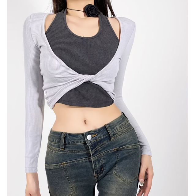 Flotto - Long-Sleeve Scoop Neck Two Tone Knot Mock Two-Piece T-Shirt ...