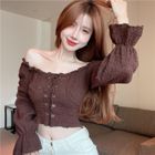 Odestra - Long-Sleeve Off-Shoulder Plain Lace-Up Cropped Blouse | YesStyle