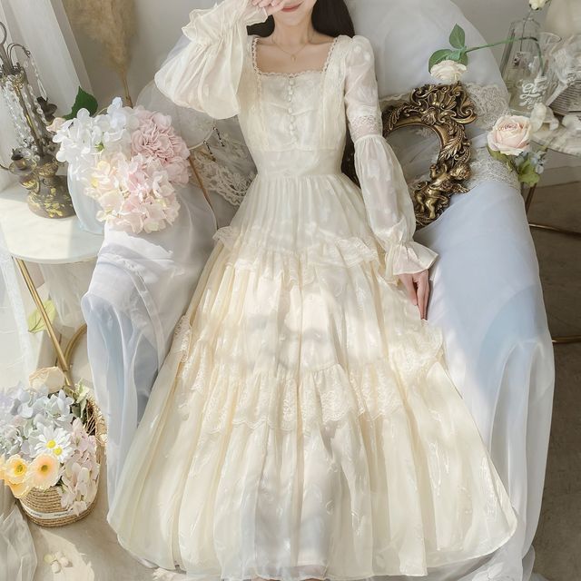 Moregirl - Long-Sleeve Square Neck Mesh Maxi A-Line Dress | YesStyle