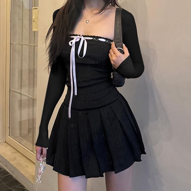 Sosana - Long Sleeve Square-Neck Tie-Front Mini Pleated Dress | YesStyle