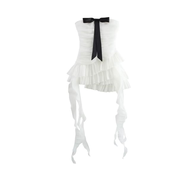 JVL - Strapless Plain Bow Ruffle Asymmetrical Top | YesStyle