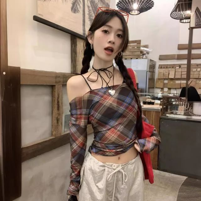 Yako - Long Sleeve Off Shoulder Plaid Mesh Top | YesStyle