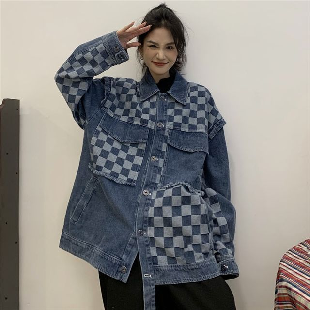 MELLO - Checkerboard Panel Denim Single-Breasted Jacket | YesStyle