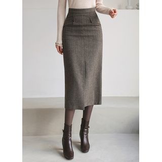 Styleonme - H-Line Herringbone Woolen Long Skirt | YesStyle