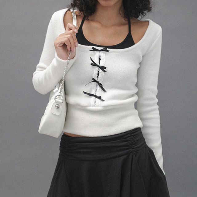 Sosana - Long Sleeve Mock Two Piece Color-Block Bow Accent Slim-Fit ...