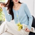 EFO - Crew Neck Plain Ribbed Button-Up Crop Cardigan | YesStyle