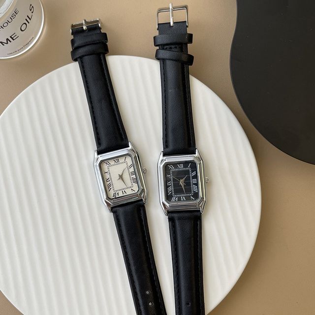 BELESIL - Rectangle Roman Numeral Faux Leather Strap Watch | YesStyle