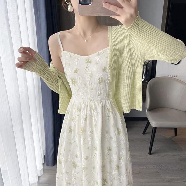 Odestra - Spaghetti Strap Floral Print Midi A-Line Dress / Plain ...
