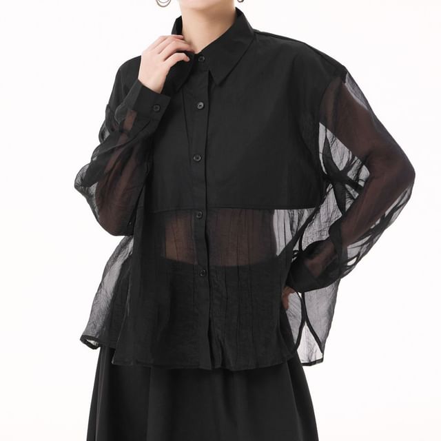 KUMI - Long Sleeve Collared Plain Sheer Panel Button Up Oversized Shirt ...