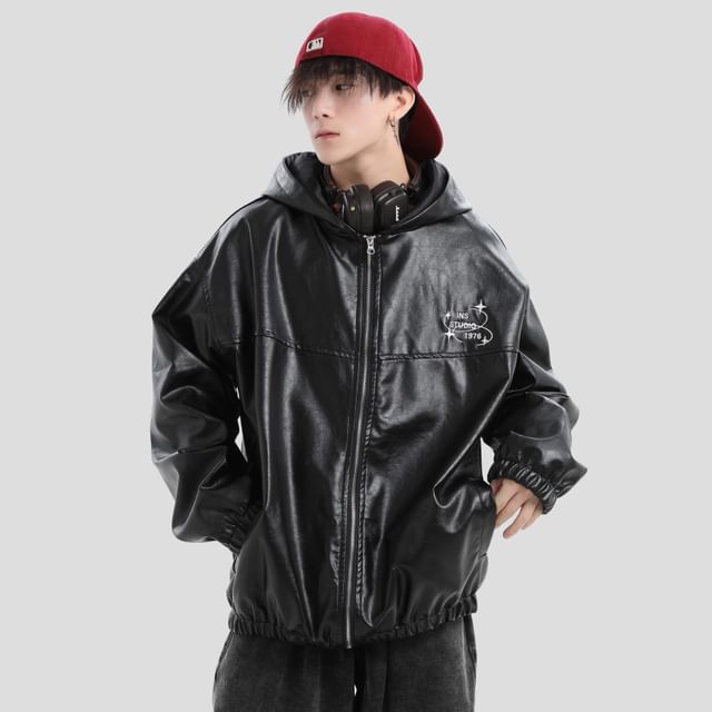 INStudio - Couple Matching Lettering Embroidered Hooded Faux Leather ...