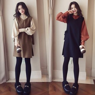 Shimi - Set: Bishop-Sleeve Shirt + Sleeveless Side-Tie Mini Dress ...