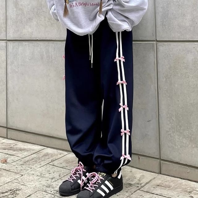 PINPI - Drawstring Waist Striped Bow Baggy Sweatpants | YesStyle