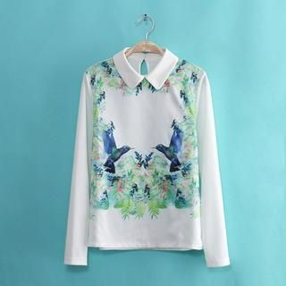 JVL - Long-Sleeve Bird Print Blouse | YesStyle