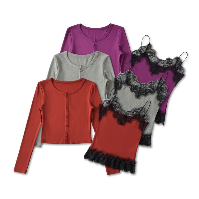 Asiris - Set: Two Tone Lace Trim Camisole Top + Crew Neck Cardigan ...