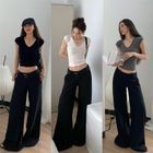NENE - Cap-Sleeve V-Neck Plain Crop Knit Top / Low Waist Wide Leg Pants ...
