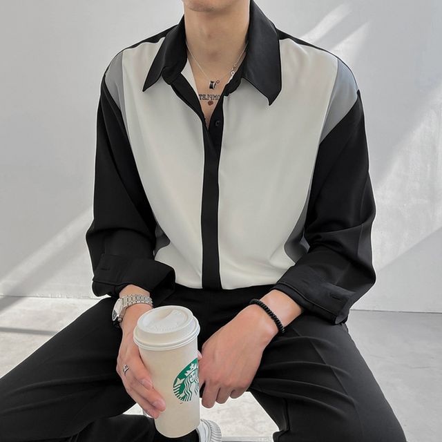 Naideth - Long-Sleeve Color Block Button-Up Shirt | YesStyle