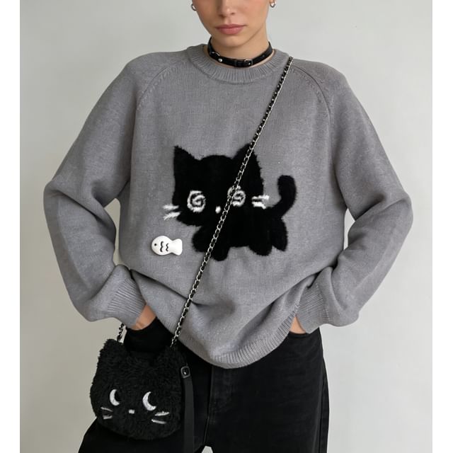 PERKARP - Long-Sleeve Crew Neck Cat Embroidered Sweater | YesStyle