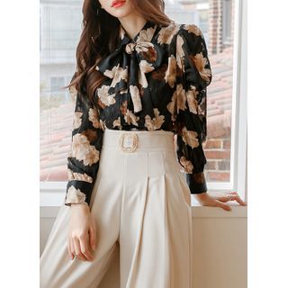 Styleonme - Puff-Sleeve Floral Chiffon Blouse with Tie | YesStyle