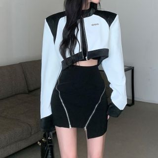 Rerise - Two-Tone Panel Cropped Jacket / Cutout T-Shirt / Zip Mini ...