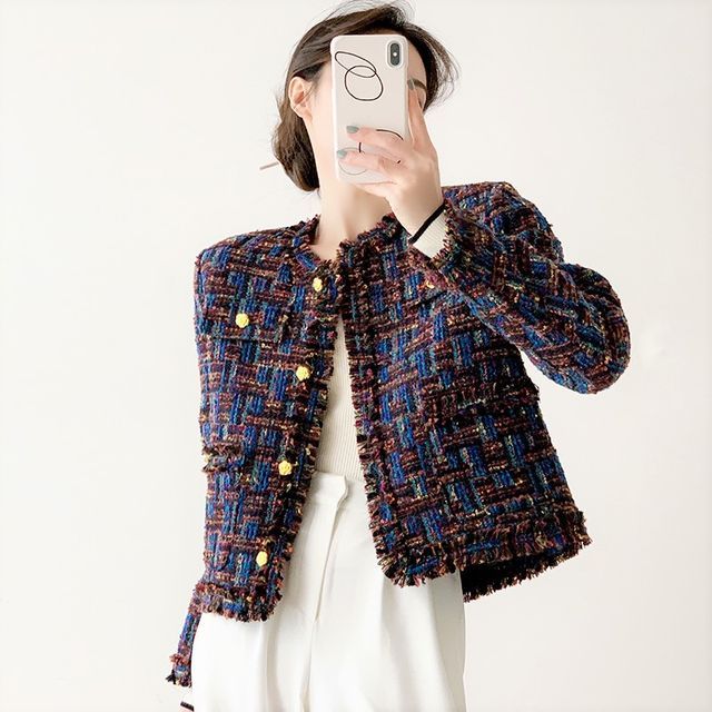 MasaLady - Plaid Tweed Single-Breasted Cropped Jacket | YesStyle