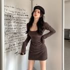Ginger Girl - Long-Sleeve Square Neck Plain Mini Sheath Dress | YesStyle