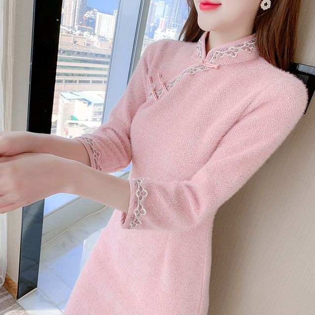 Nozim - 3/4-Sleeve Lace Trim Fluffy Midi Sheath Qipao Dress | YesStyle