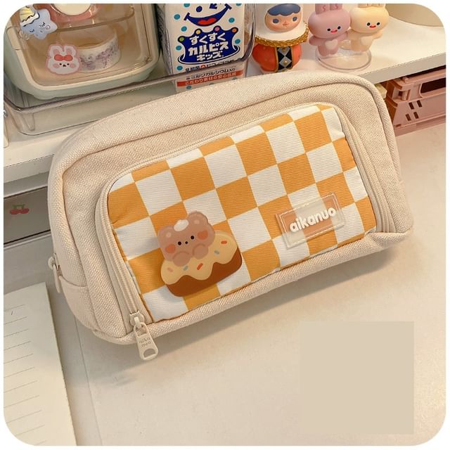 Momoi - Checker Canvas Pencil Case with Brooch (various designs) | YesStyle