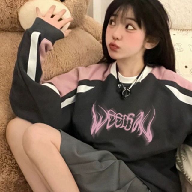 Mushini - Crew Neck Color Block Lettering Print Oversized Sweatshirt ...