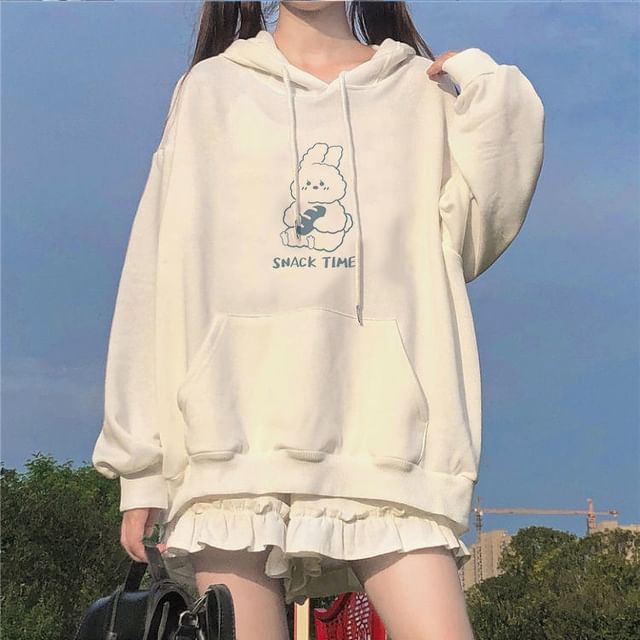 Rosesand - Long Sleeve Rabbit & Lettering Print Hooded Loose-Fit ...