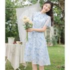 Moregirl - Short-Sleeve Band Collar Floral Print Midi A-Line Dress ...