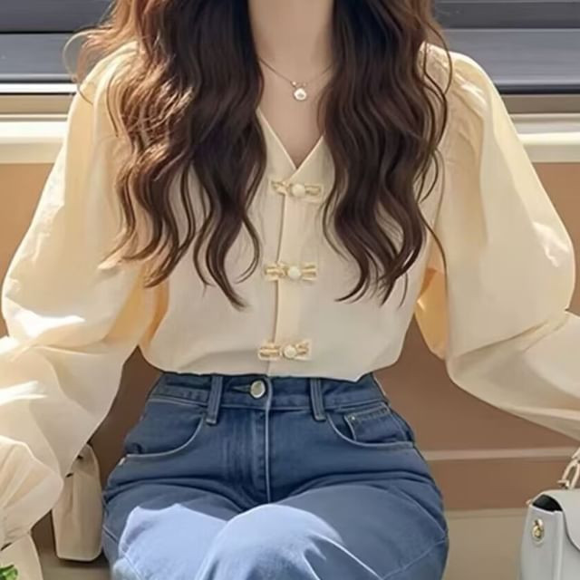Frigga - Long-Sleeve V-Neck Plain Frog Button Blouse | YesStyle