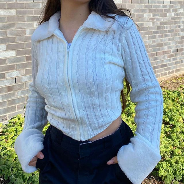 Sosana - Long Sleeve Furry-Trim Cable-Knit Zip-Up Jacket | YesStyle