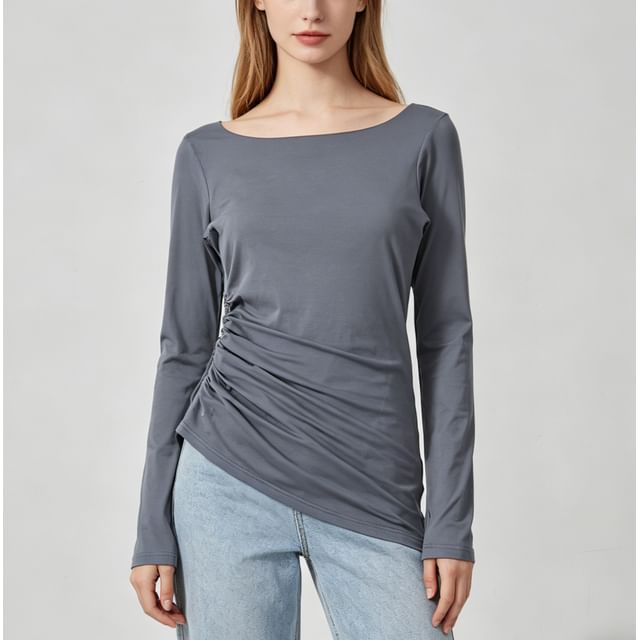 Flotto - Long-Sleeve Boat Neck Plain Ruched Long Slim Fit T-Shirt ...