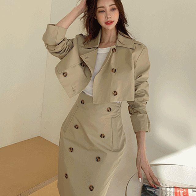 YANSAE - Double-Button Crop Trench Jacket & Skirt Set | YesStyle