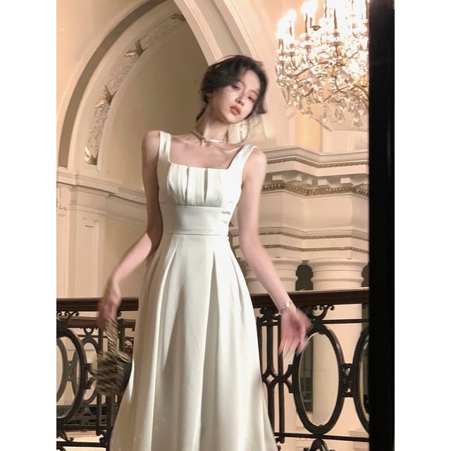 Closetaine Sleeveless Square Neck Plain Midi A Line Dress Yesstyle