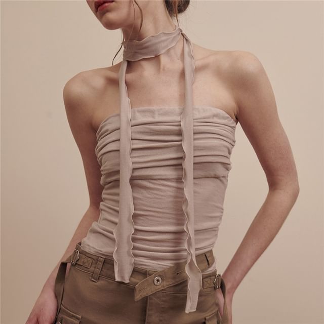 Sugarcoat - Set: Plain Ruched Tube Top + Scarf | YesStyle