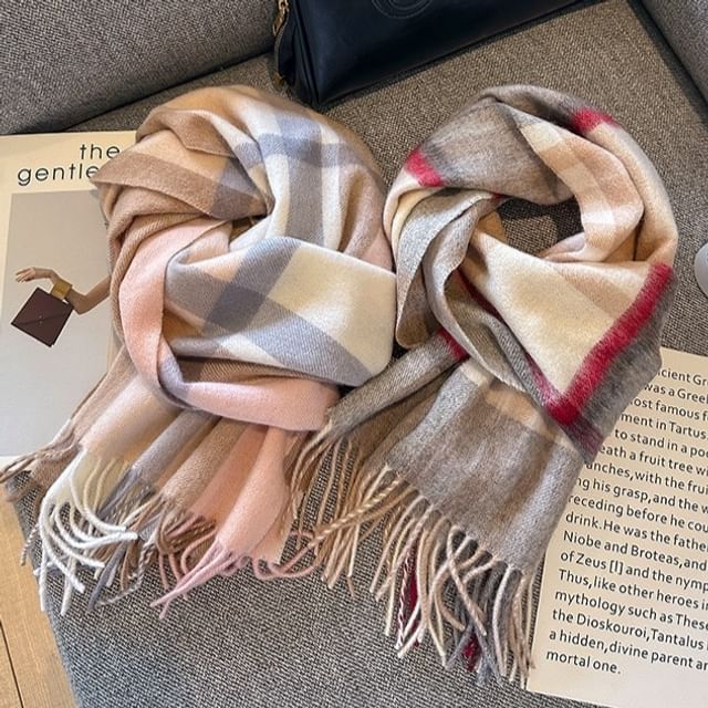 Combon - Plaid Fringed Wool Scarf | YesStyle