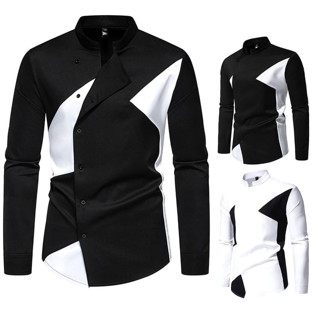 FORSETI - Long-Sleeve Stand Collar Two Tone Asymmetrical Button-Up ...