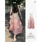 Astarix - Spaghetti Strap V-Neck Gradient Ruffled Maxi A-Line Dress ...